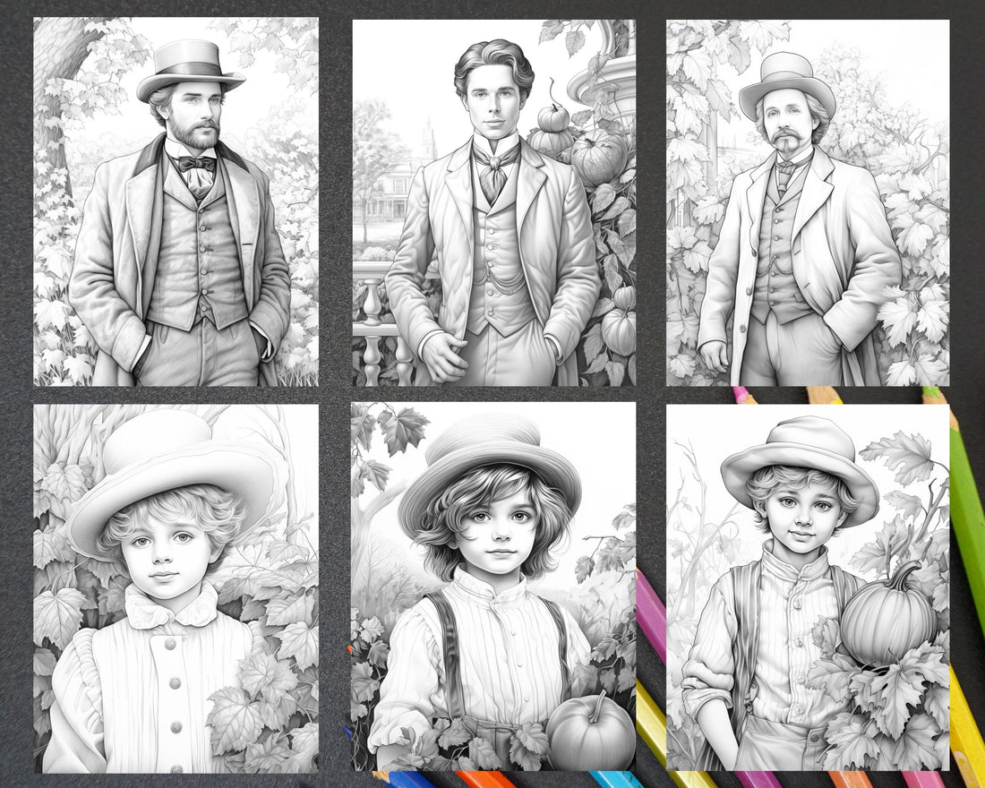 60 Victorian Autumn Portrait Grayscale Coloring Pages Printable for Ad
