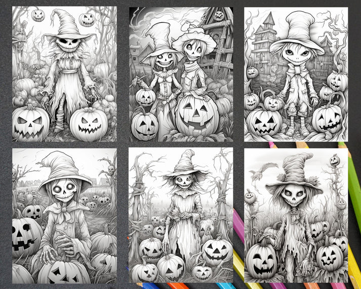 50 Halloween Scarecrows Grayscale Coloring Pages Printable for Adults,