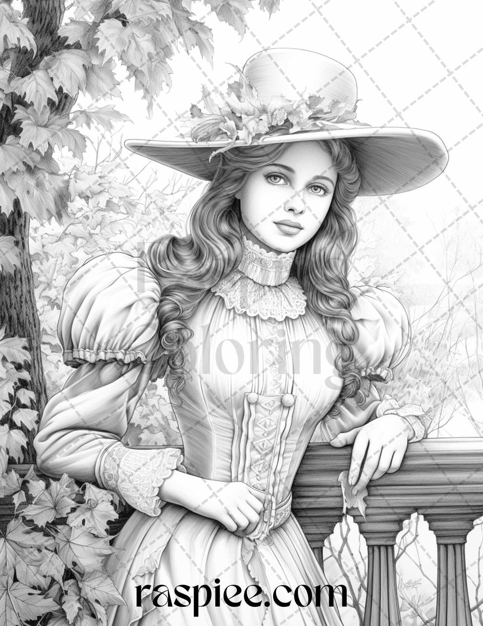 60 Victorian Autumn Portrait Grayscale Coloring Pages Printable for Ad