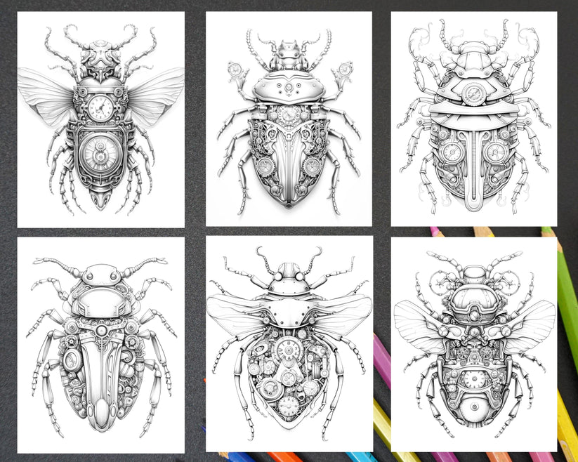 42 Steampunk Bugs Grayscale Coloring Pages Printable for Adults, PDF F