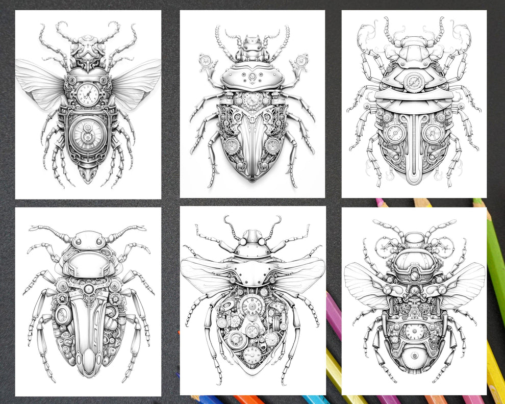 42 Steampunk Bugs Grayscale Coloring Pages Printable for Adults, PDF F