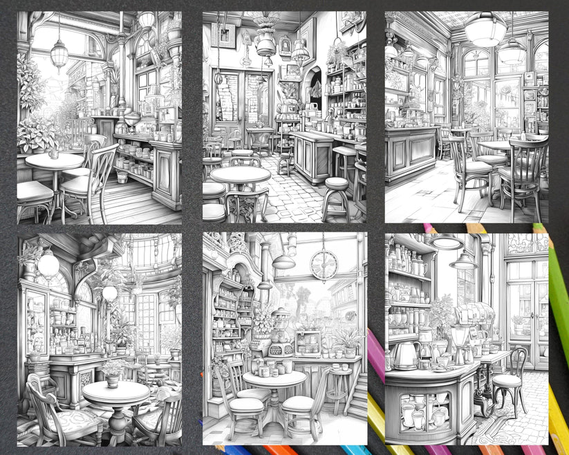 50 Cozy Coffee Shop Grayscale Coloring Pages Printable for Adults, PDF