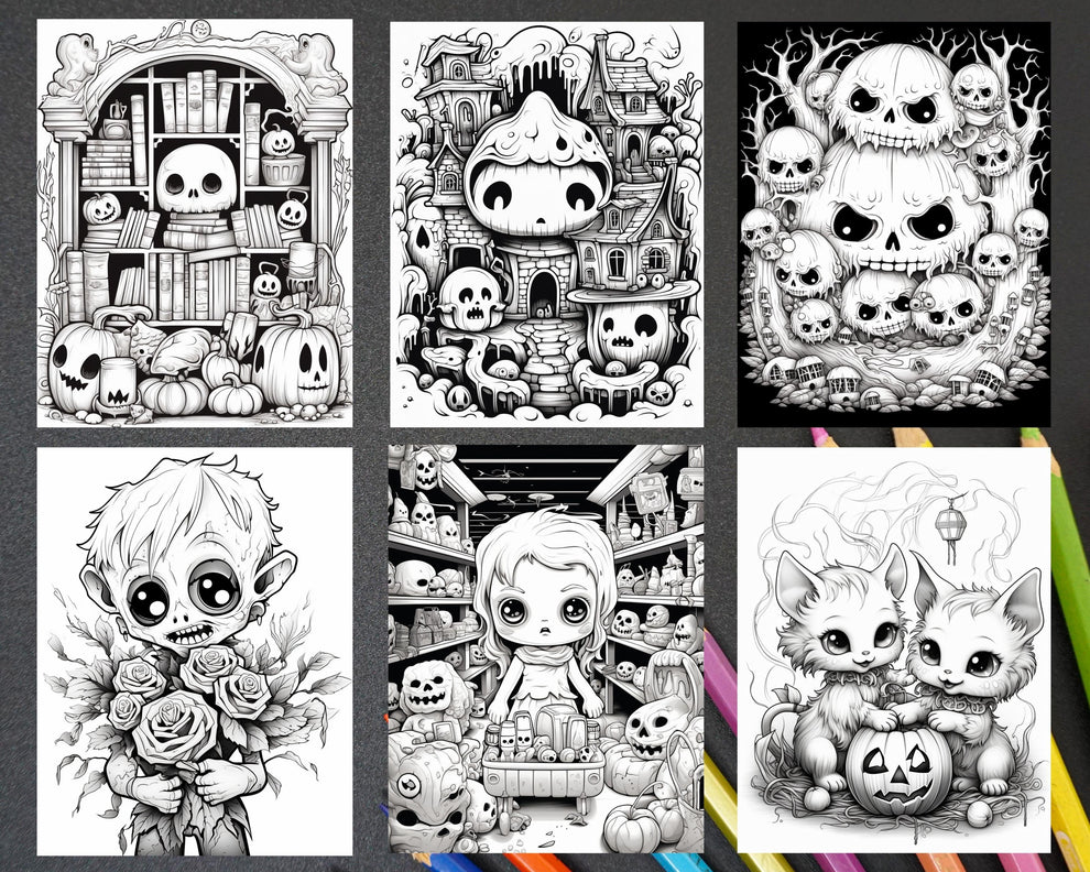 40 Halloween Creepy Kawaii Grayscale Coloring Pages for Adults and Kid