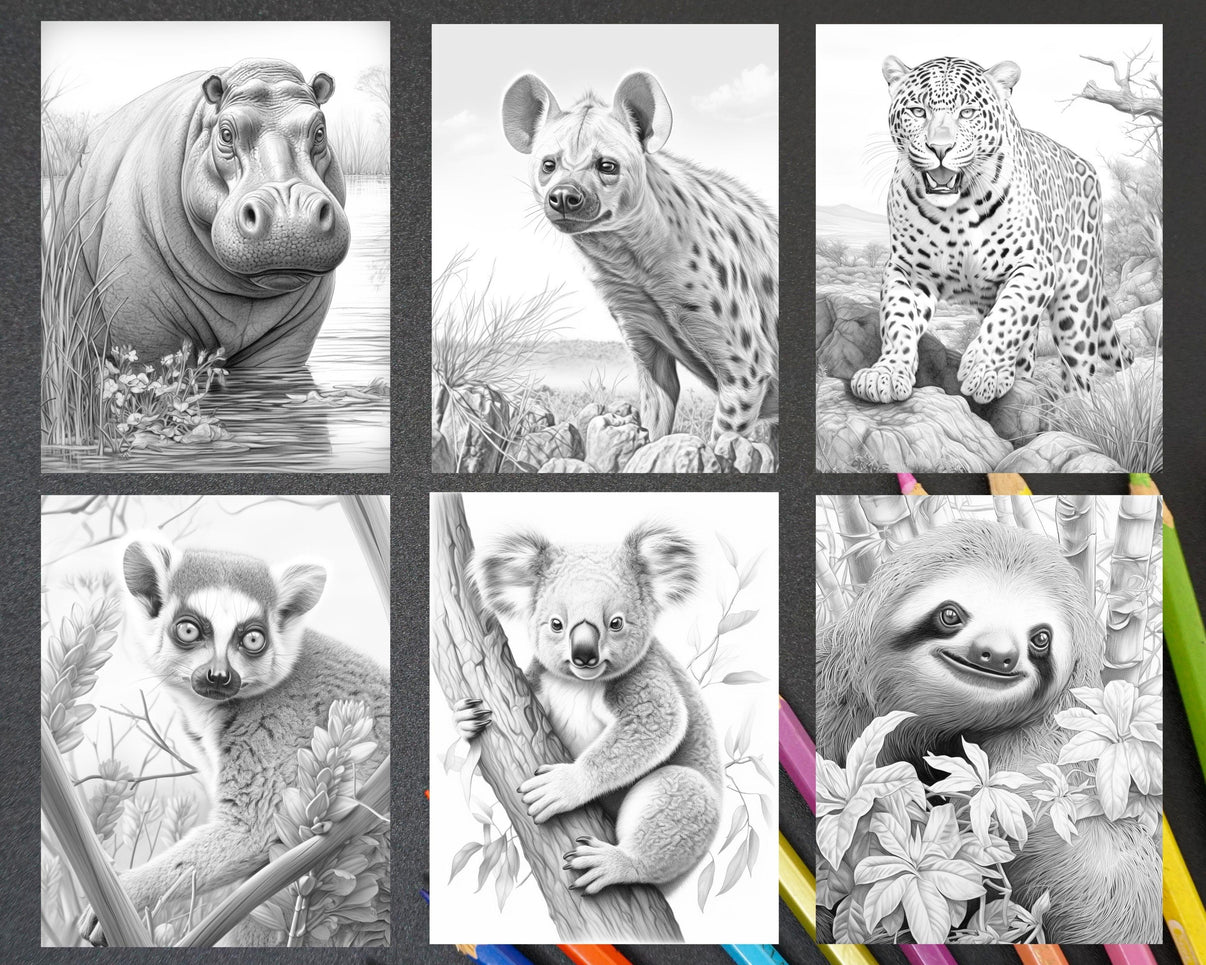 55 Wild Animals Grayscale Coloring Pages for Adults, Printable PDF Ins