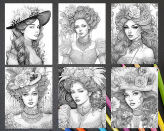 43 Beautiful Victorian Women Grayscale Coloring Pages Printable for Ad ...
