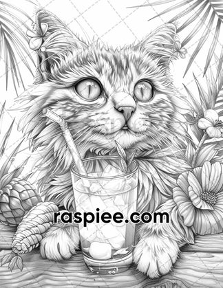 100 Summer Cats Grayscale Adult Coloring Pages, Printable PDF Instant ...