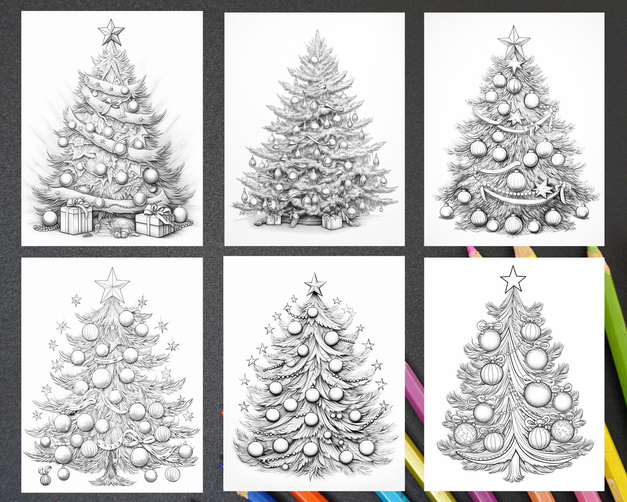 40 Christmas Tree Grayscale Coloring Pages for Adults, Printable PDF I ...