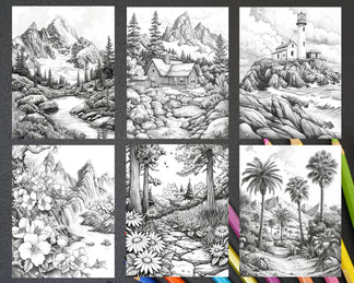 101 Relaxing Landscapes Grayscale Adult Coloring Pages Printable PDF I ...