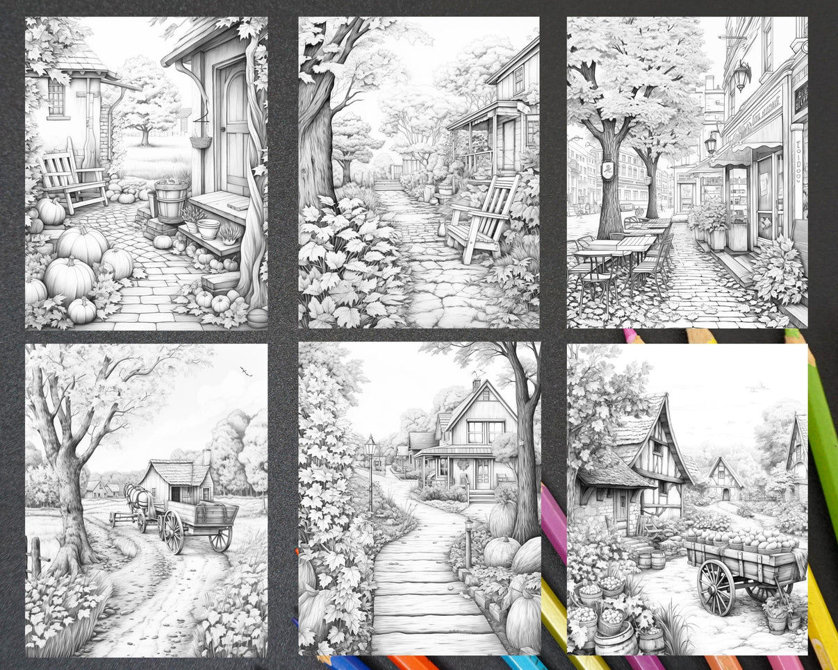 Autumn Scenery Grayscale Coloring Pages Printable for Adults, PDF File