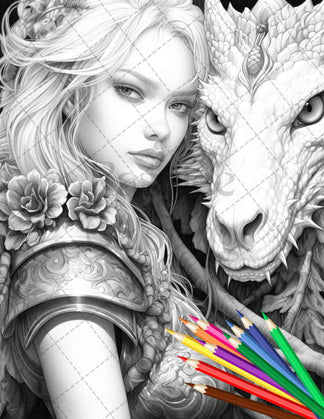 Enchanted Dragon Queens Grayscale Coloring Pages Printable for Adults ...
