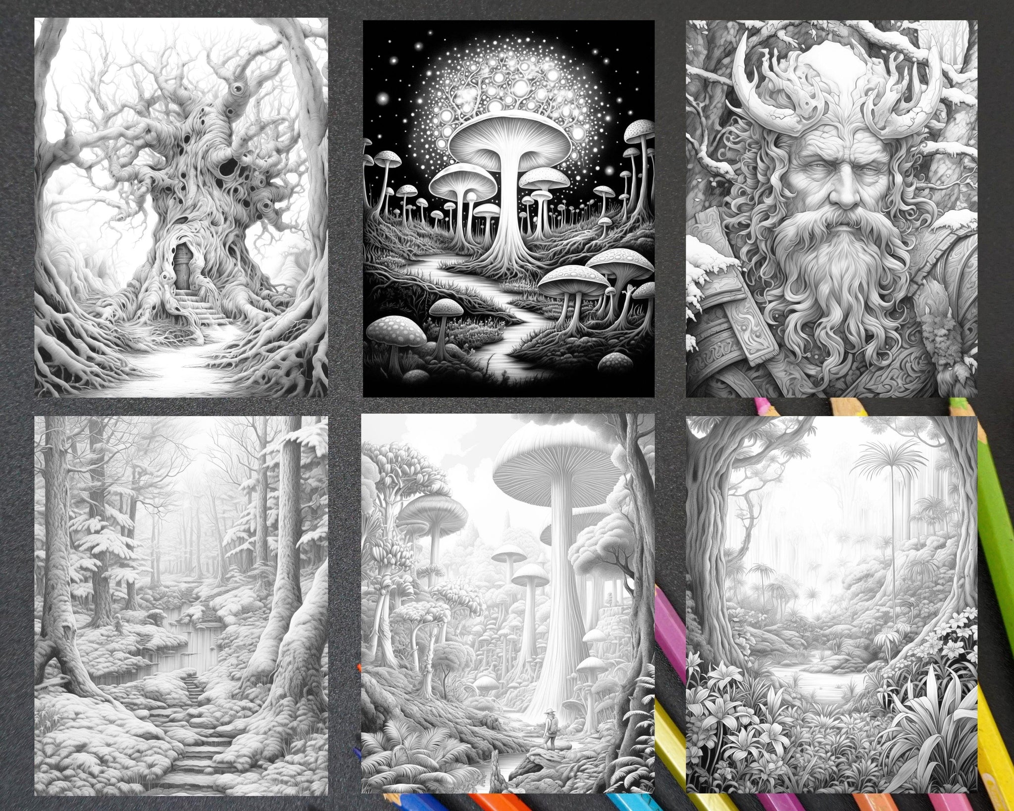 55 Mystical Forest Grayscale Adult Coloring Pages, Printable PDF Insta ...