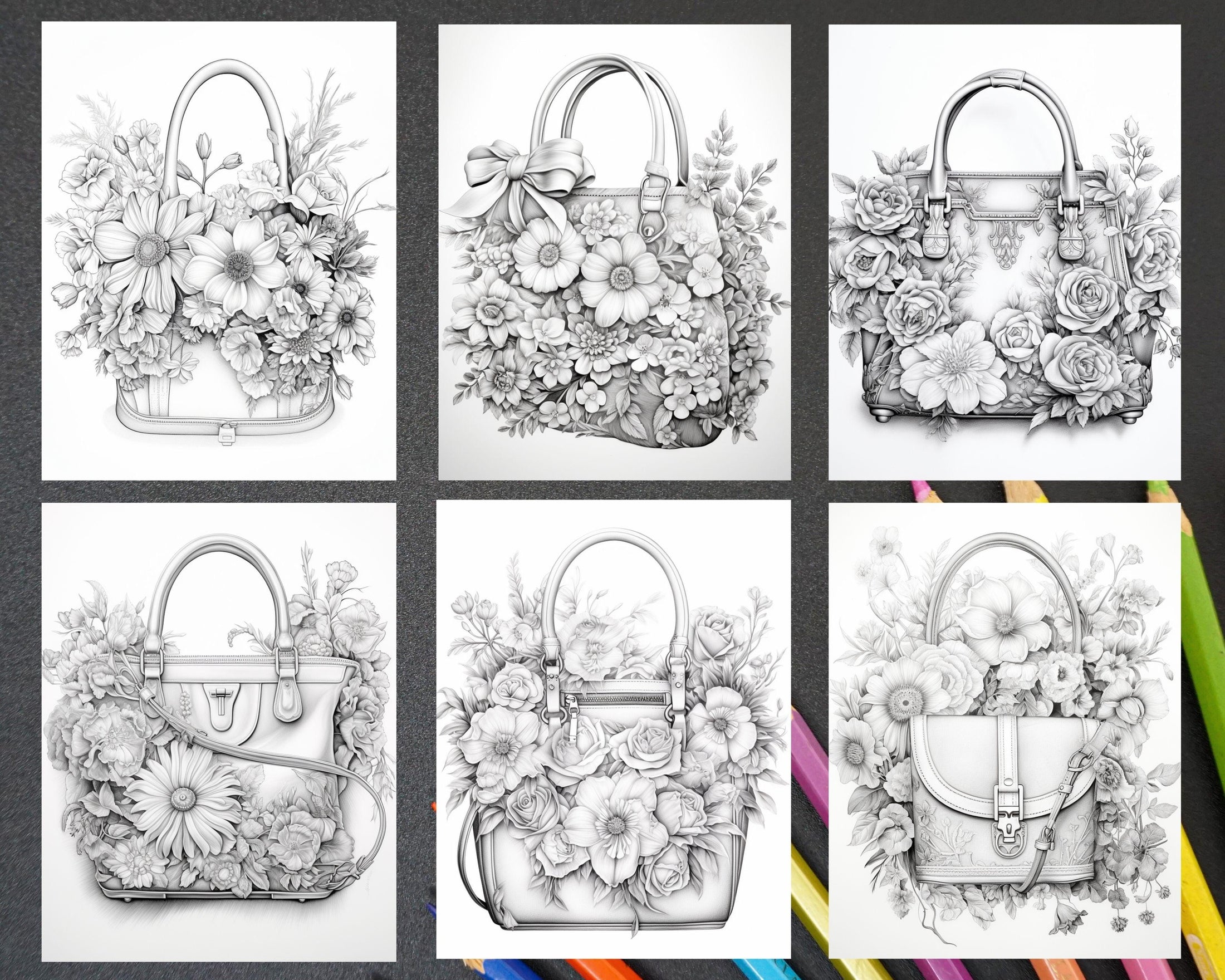50 Floral Handbags Grayscale Coloring Pages for Adults, Printable PDF ...