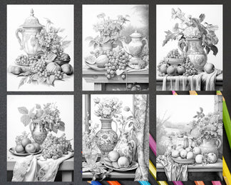 52 Still Life Grayscale Coloring Pages Printable for Adults, PDF File ...