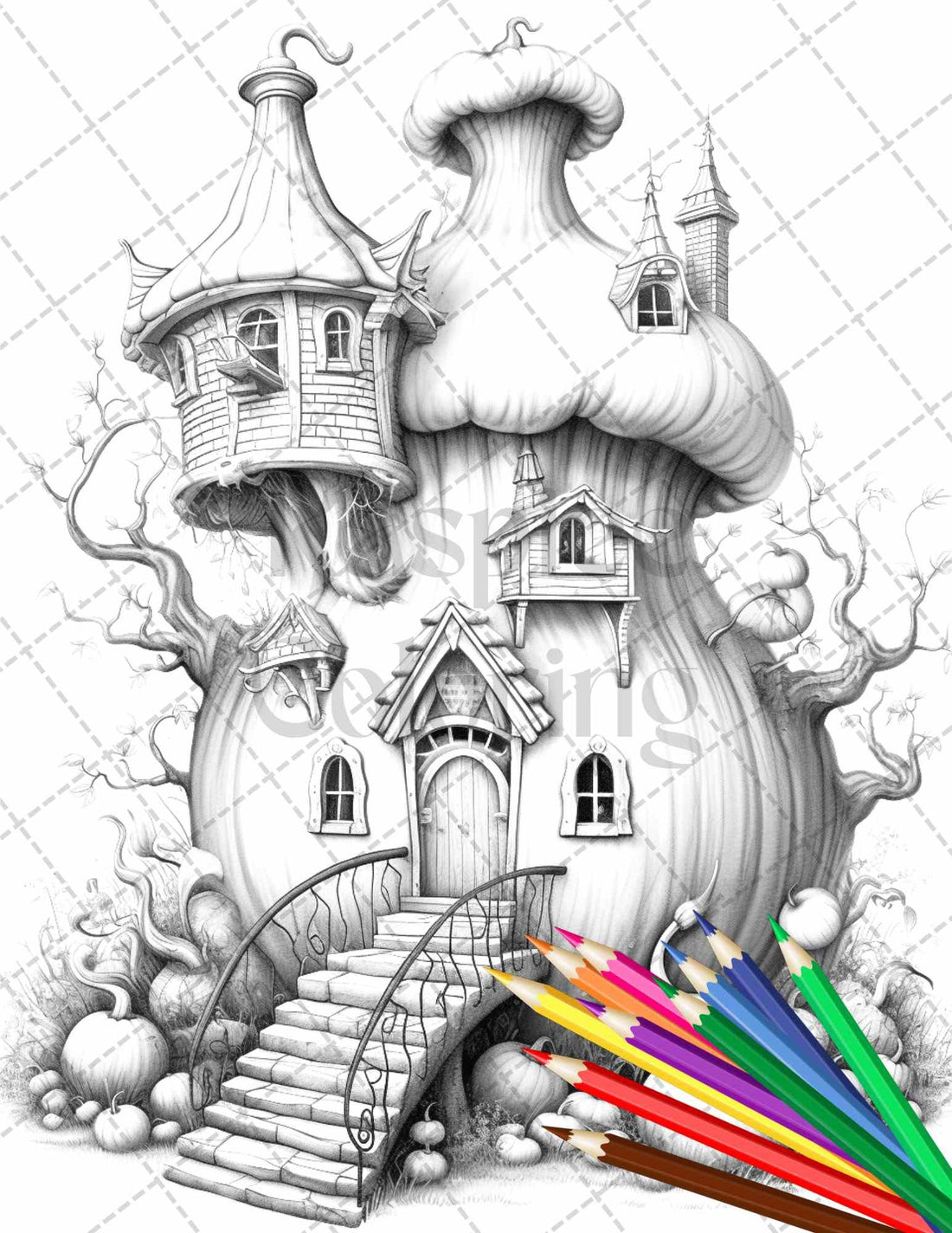40 Pumpkin Fairy Houses Grayscale Coloring Pages Printable for Adults,