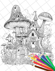 32 Whimsical Mushroom House Coloring Pages for Adults, Grayscale Color ...
