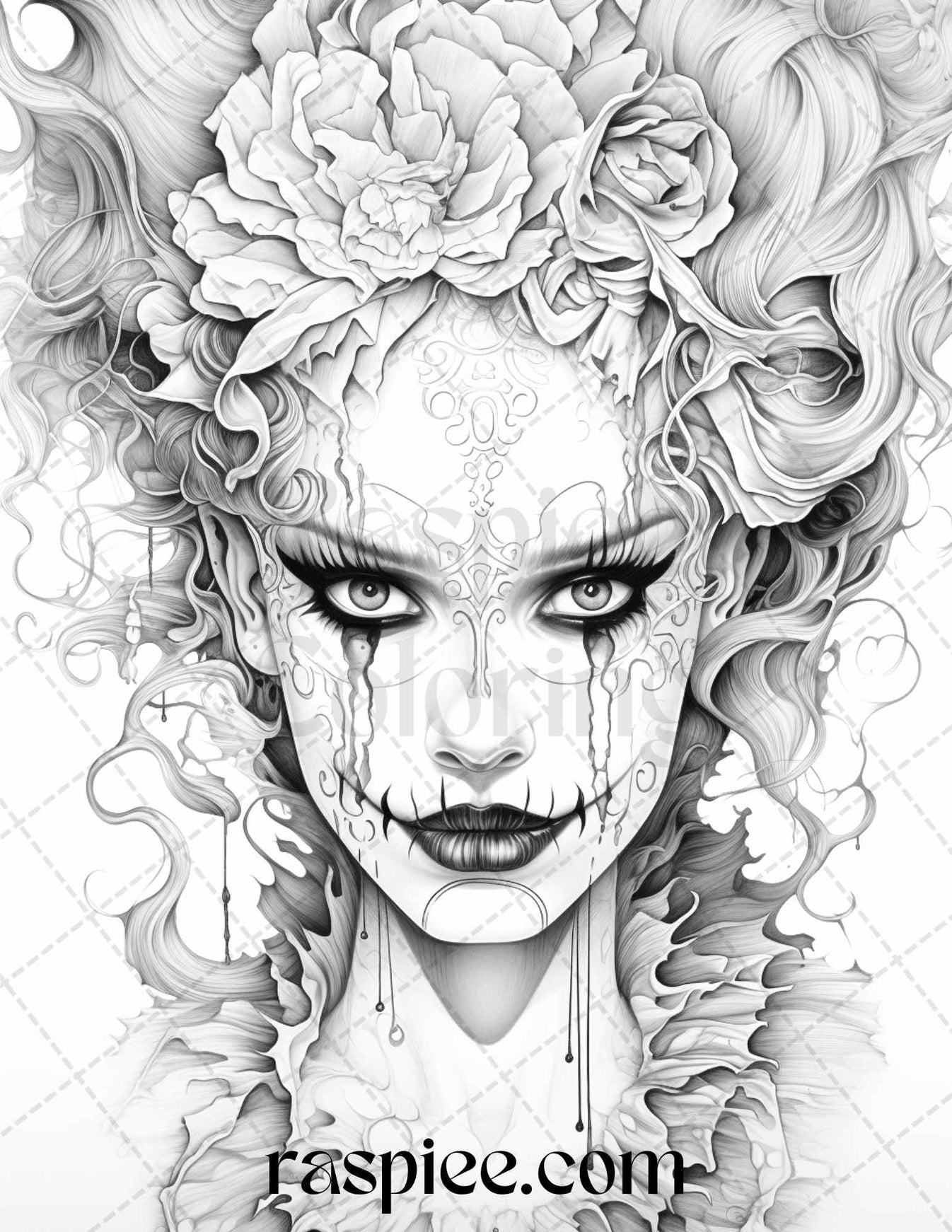 50 Scary Clown Girls Grayscale Coloring Pages Printable for Adults, PD