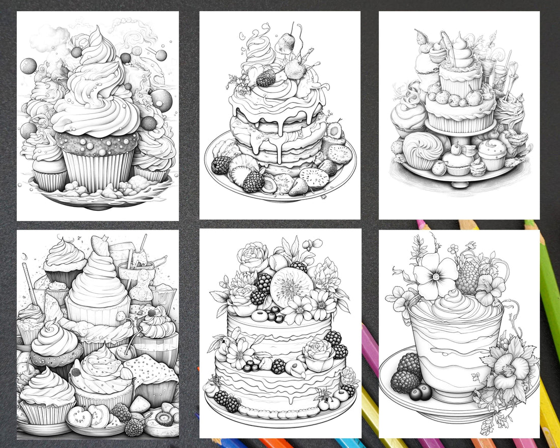 36 Sweet Desserts Coloring Pages Printable for Adults, Grayscale Color