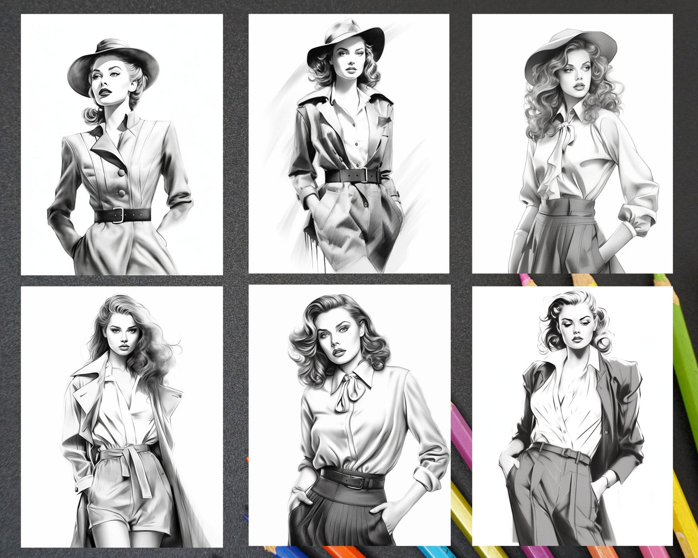 Vintage Fashion Grayscale Coloring Pages Printable for Adults, PDF Fil