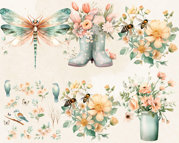 Happy Spring Watercolor Clipart Bundle, 24 PNG High-Res Files for Comm ...