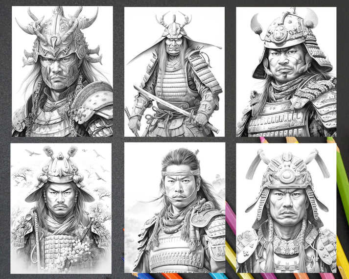 42 Japanese Samurai Grayscale Coloring Pages for Adults, Printable PDF