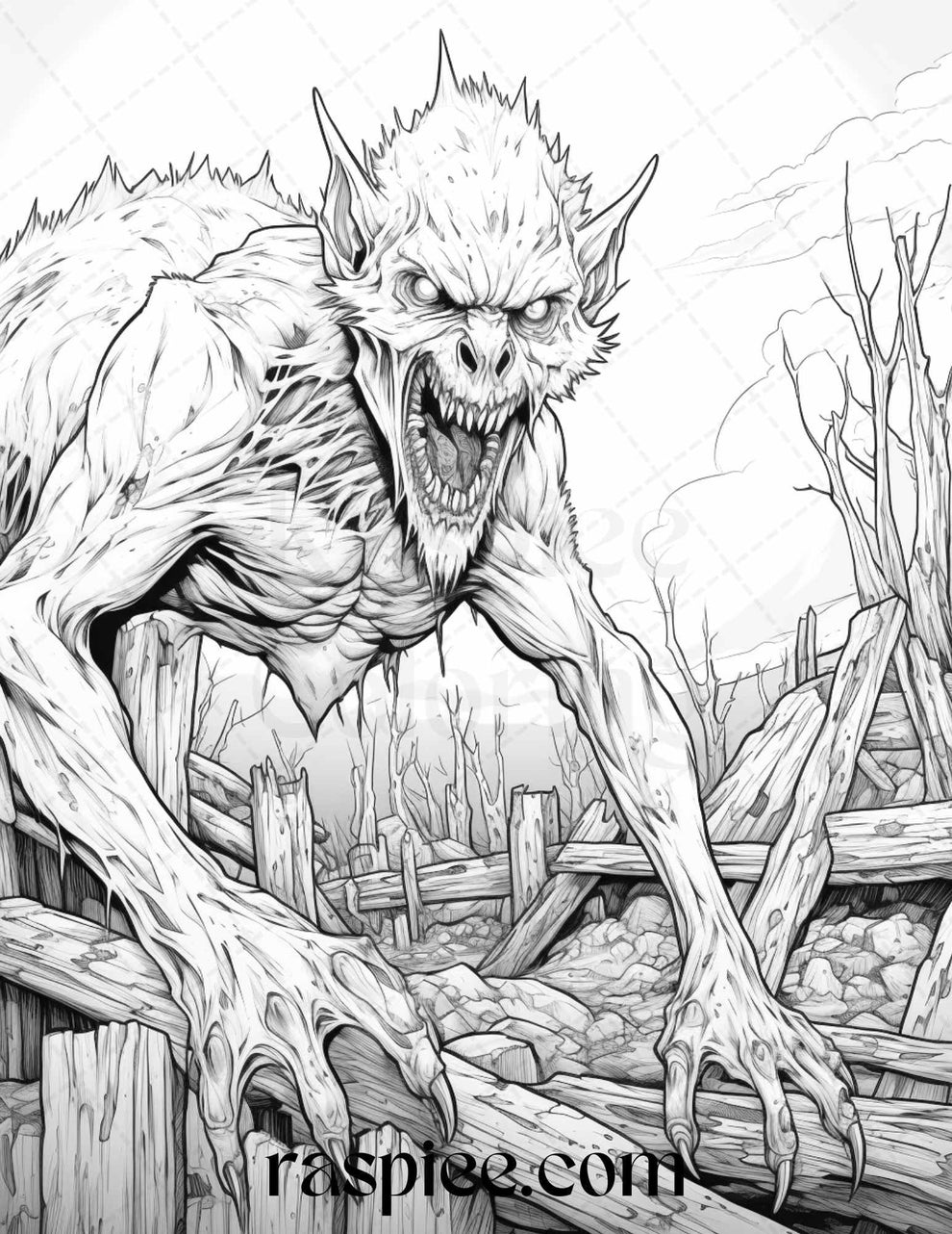 66 Horror Zombie Animals Grayscale Coloring Pages Printable for Adults