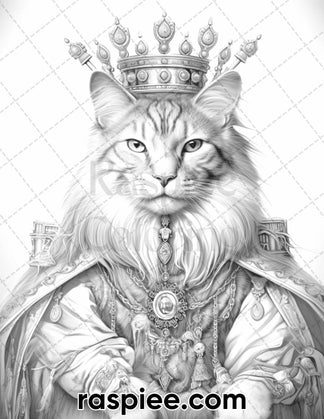50 Royal King Cat Grayscale Coloring Pages for Adults, Printable PDF I ...