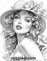 50 Vintage Spring Pin Up Girls Grayscale Adult Coloring Pages, Printab ...