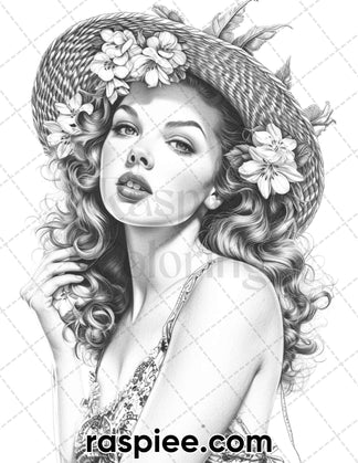 50 Vintage Spring Pin Up Girls Grayscale Adult Coloring Pages, Printab ...
