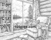 62 Serene Lakeside Cabins Grayscale Adult Coloring Pages, Printable PD ...