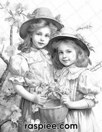60 Spring Vintage Girls Grayscale Adult Coloring Pages, Printable PDF ...