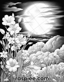 50 Flowers Under Moonlight Grayscale Coloring Pages for Adults, Printa ...