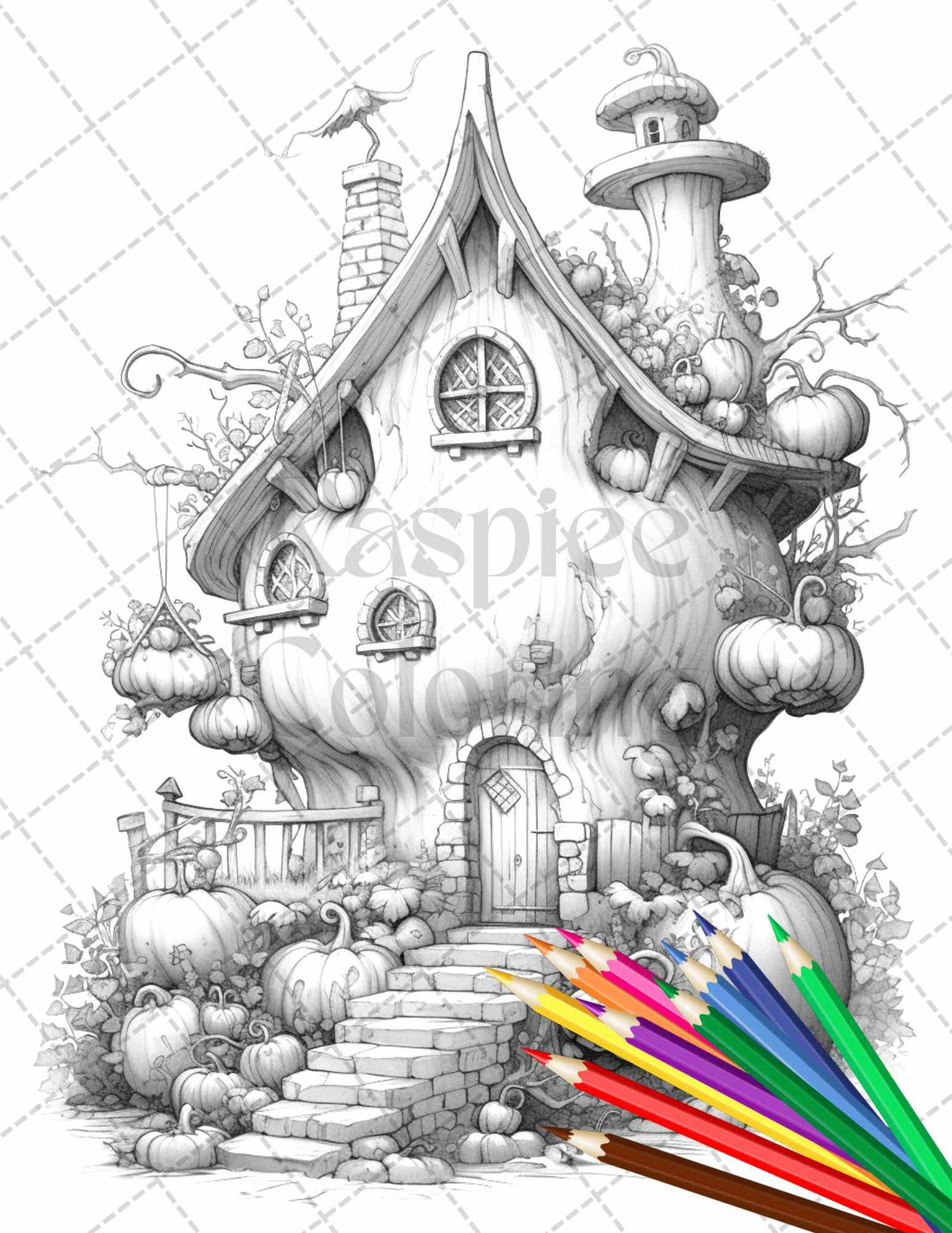 40 Pumpkin Fairy Houses Grayscale Coloring Pages Printable for Adults,