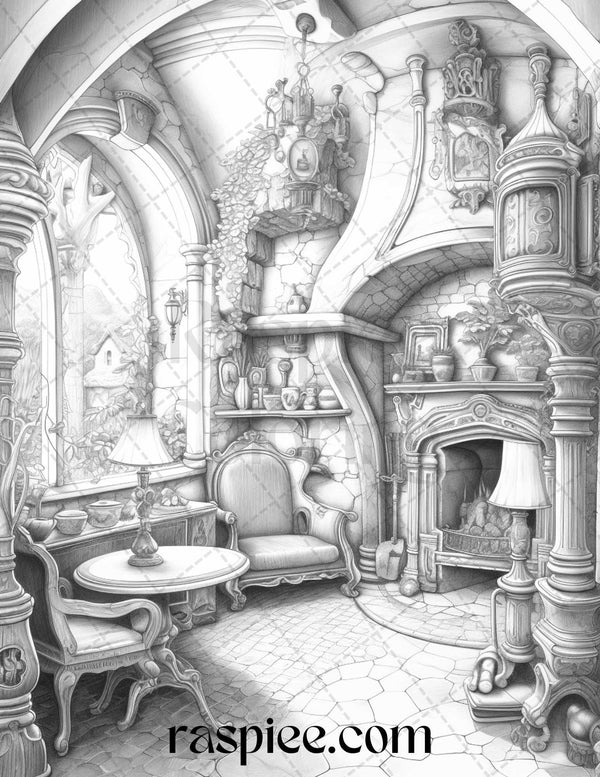 Fantasy Interior Grayscale Coloring Pages for Adults, Printable PDF Fi