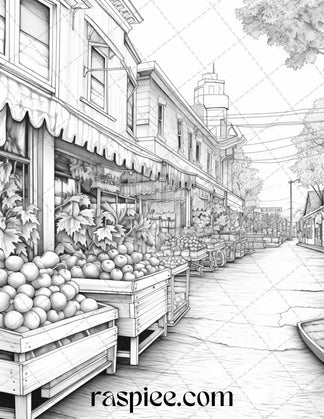 Autumn Street Markets Grayscale Coloring Pages for Adults, Printable P ...