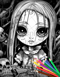 50 Ghoulish Girls Grayscale Coloring Pages Printable for Adults, PDF F ...