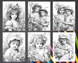 60 Spring Vintage Girls Grayscale Adult Coloring Pages, Printable PDF ...