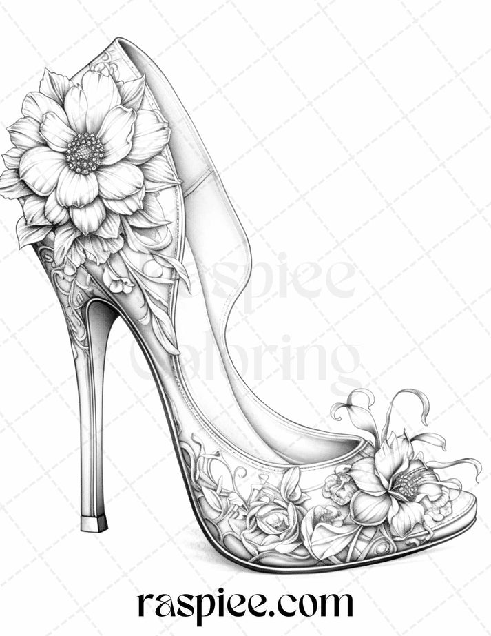 40 Flower Wedding Shoes Grayscale Coloring Pages Printable for Adults,