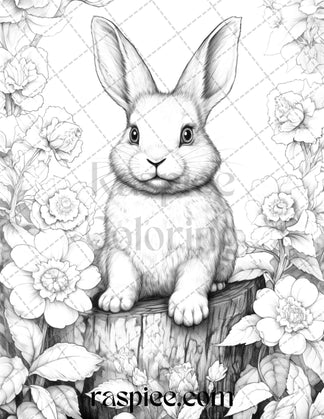 50 Rabbit Garden Grayscale Coloring Pages Printable for Adults, PDF Fi ...