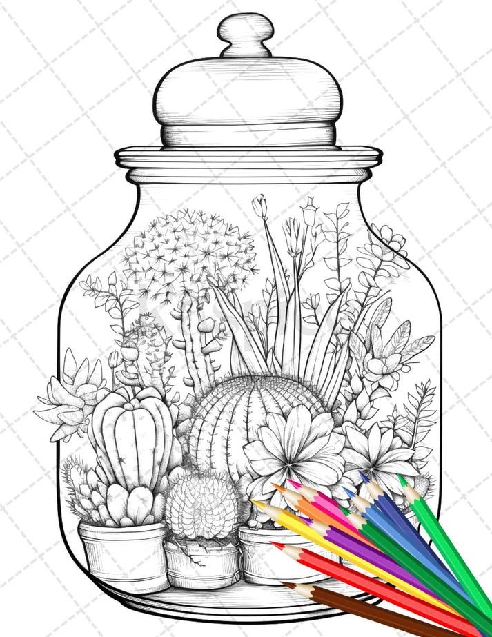 34 Enchanted Terrarium Grayscale Coloring Pages Printable for Adults,