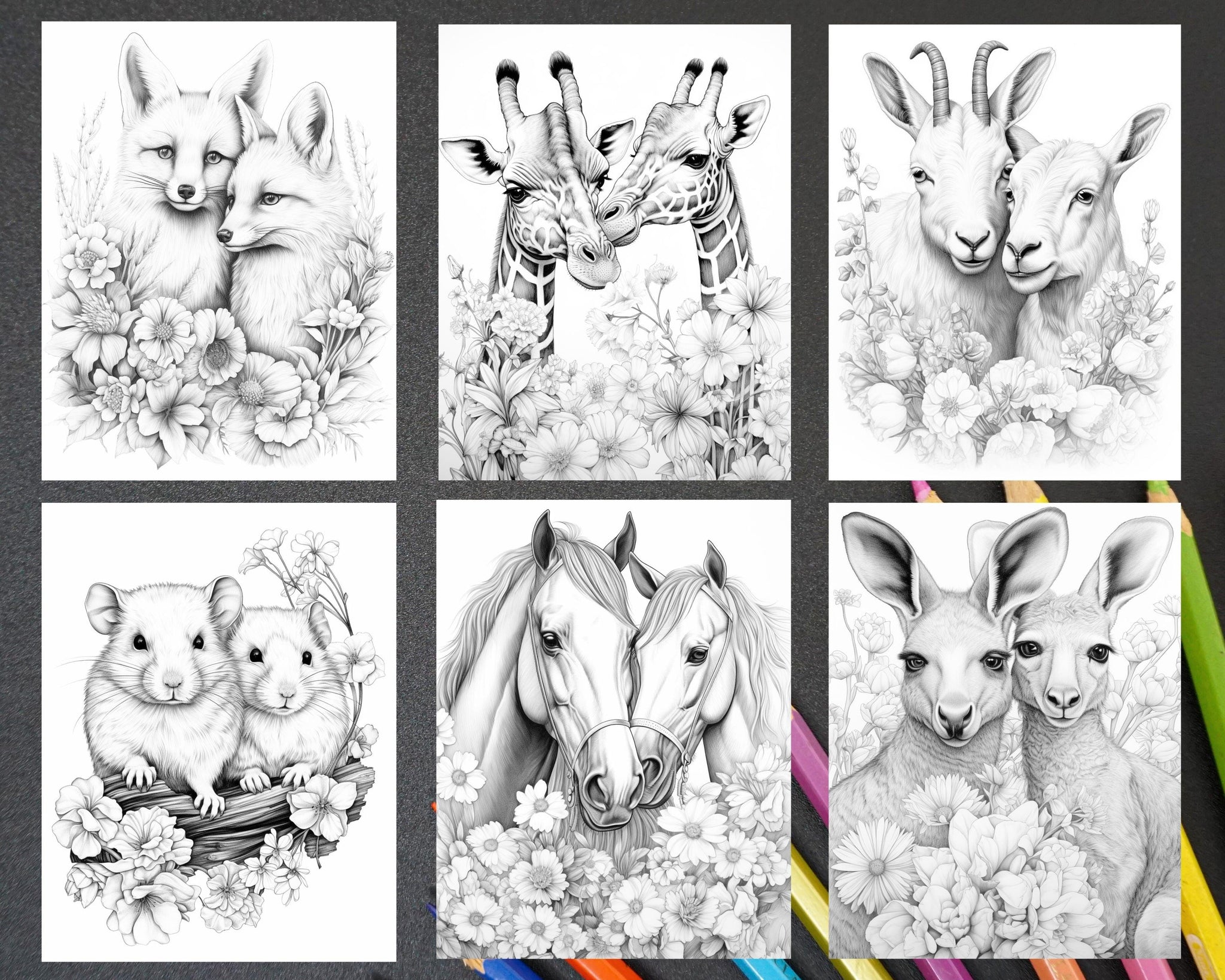 40 Floral Animal Couple Grayscale Coloring Pages for Adults, Printable ...