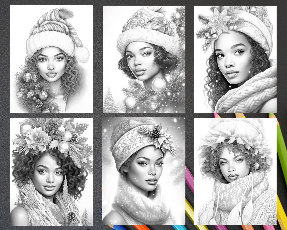 50 Christmas Black Beauties Portrait Grayscale Coloring Pages for Adul