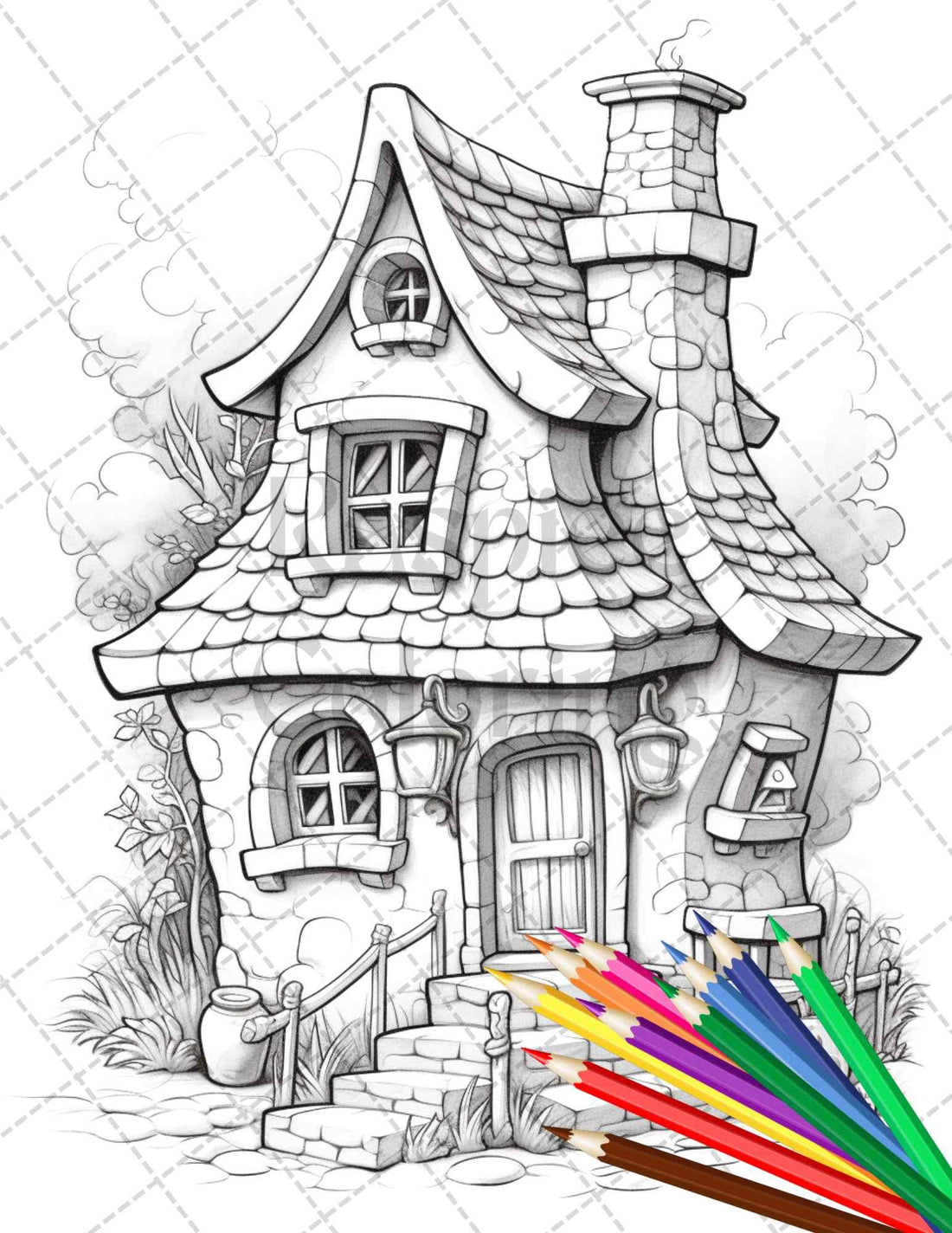40 Stone Cottage Houses Grayscale Coloring Pages Printable for Adults,