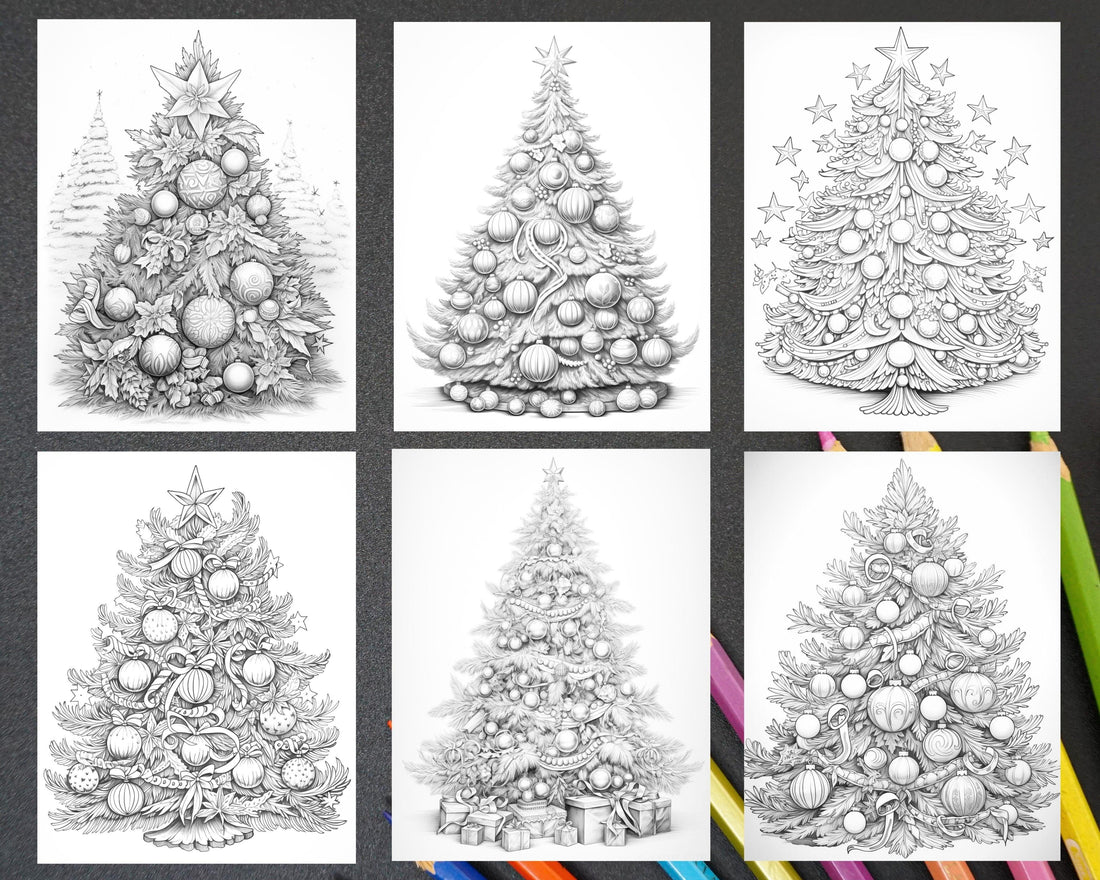40 Christmas Tree Grayscale Coloring Pages for Adults, Printable PDF I