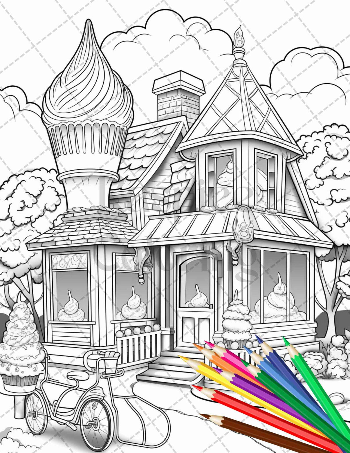 33 Ice Cream Houses Grayscale Coloring Pages Printable for Adults and