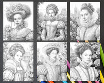 65 Elizabethan Women Portraits Grayscale Adult Coloring Pages, Printab ...