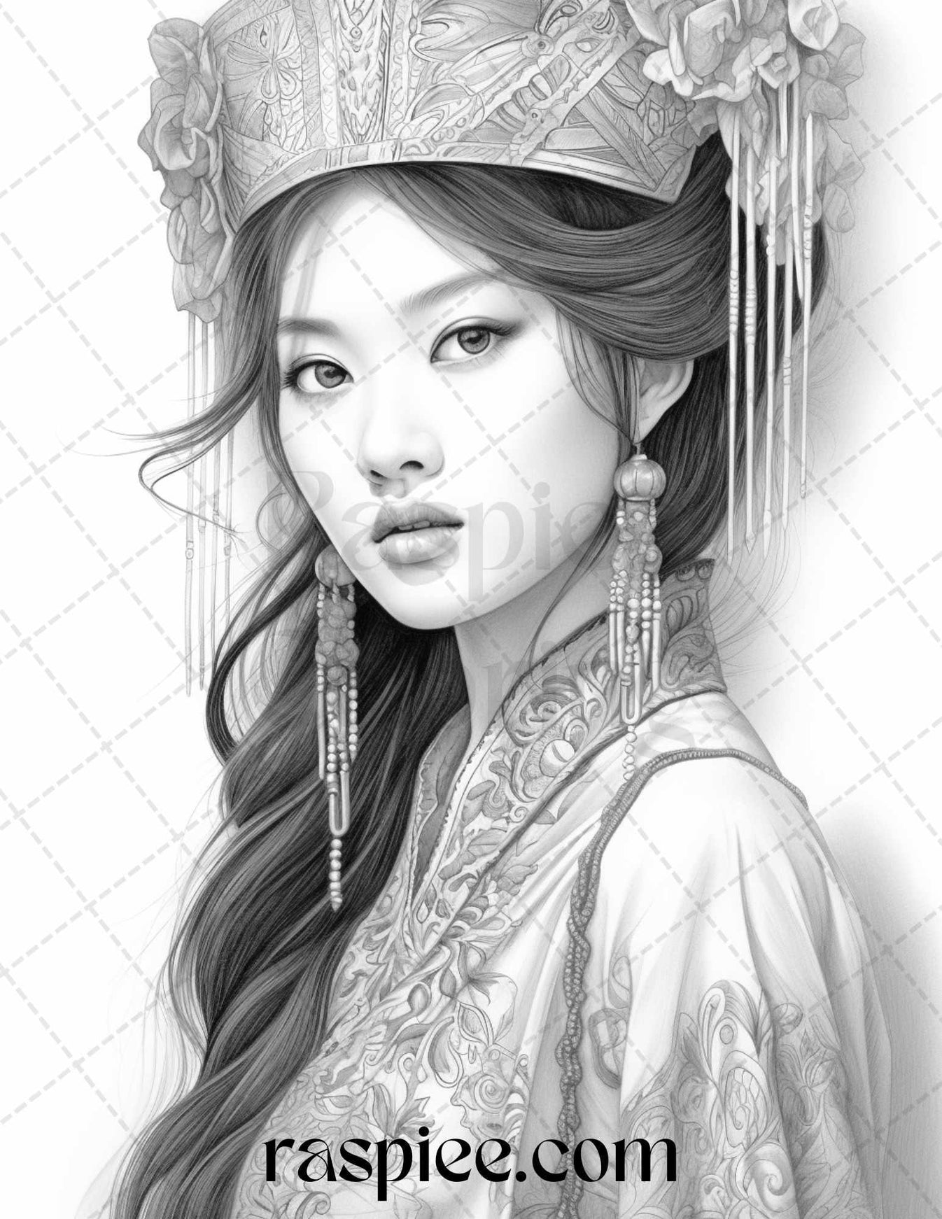 40 Beautiful Chinese Girls Grayscale Coloring Pages for Adults, Printa