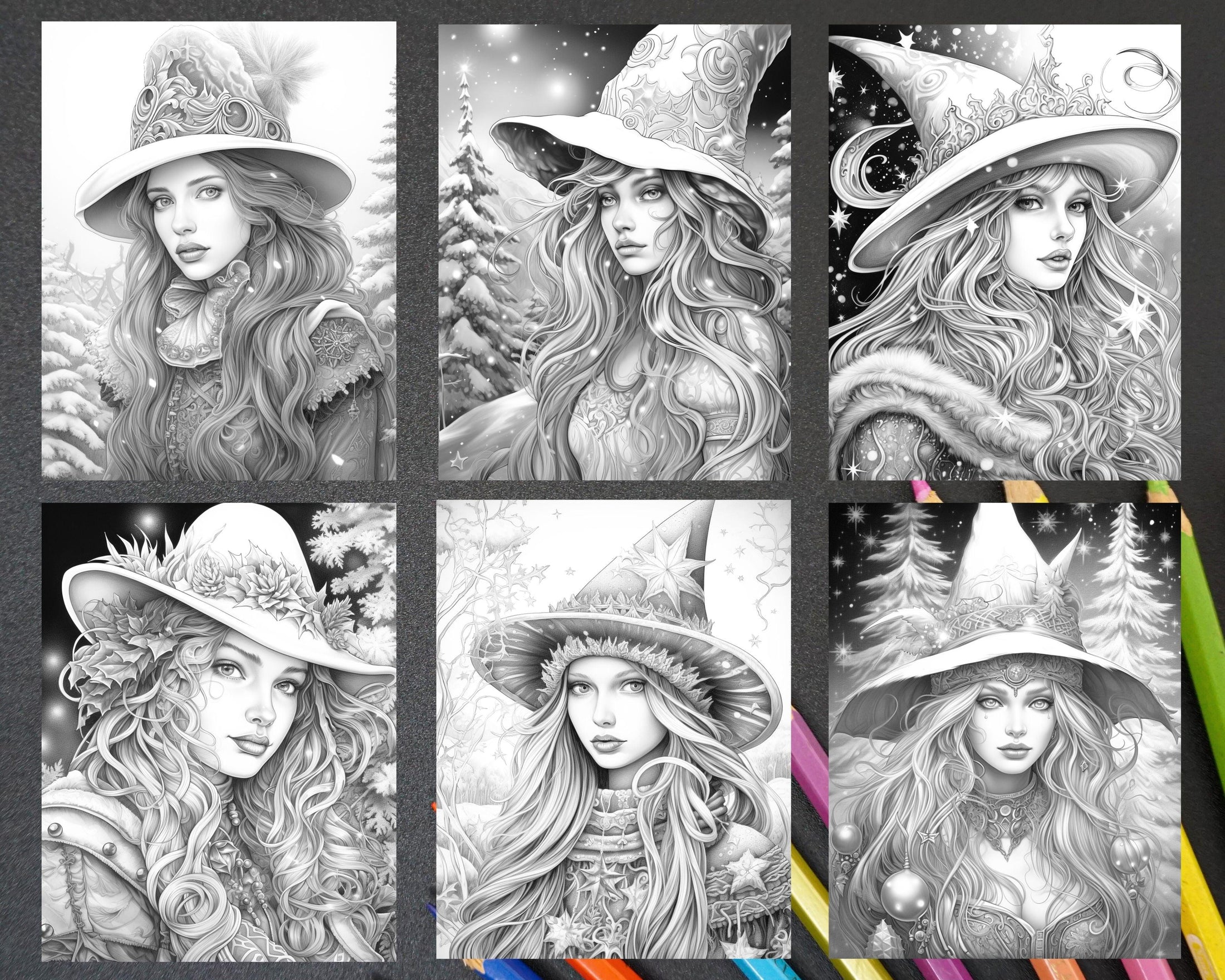 50 Christmas Witch Grayscale Coloring Pages for Adults, Printable PDF ...