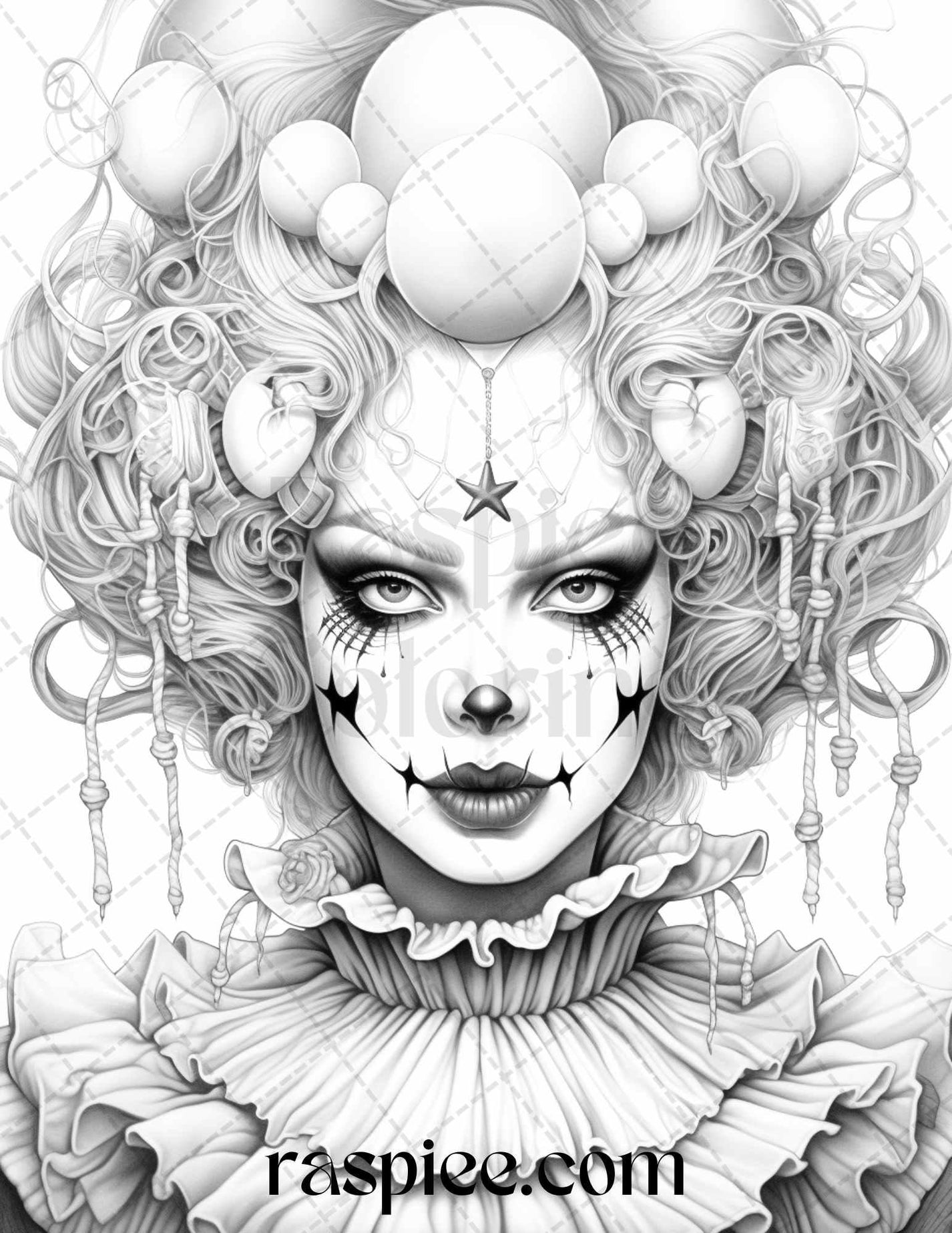 50 Scary Clown Girls Grayscale Coloring Pages Printable for Adults, PD