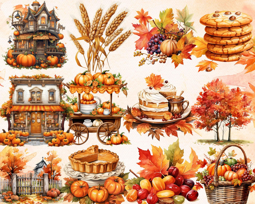 300+ PNG Watercolor Autumn Clipart Mega Bundle, Fall Season Illustrati ...