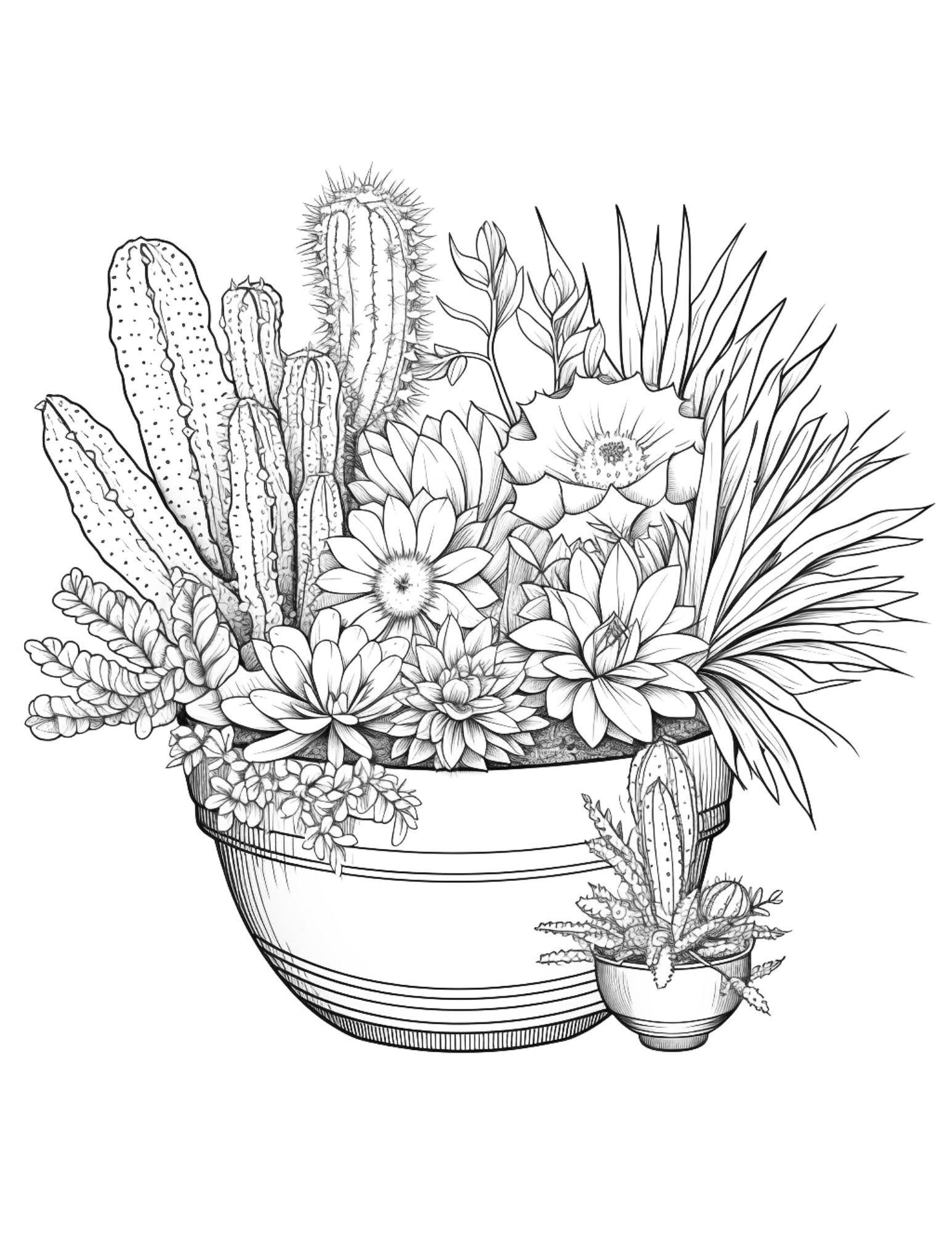 4 Free Printable Cactus Pots Coloring Pages for Adults, Grayscale Colo ...